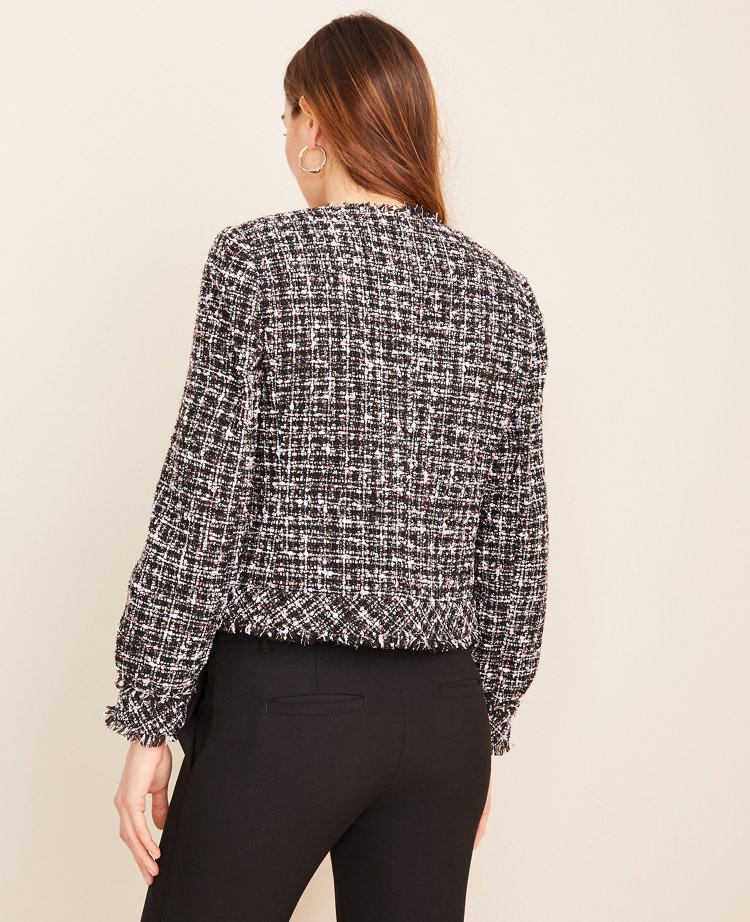 Puff Sleeve Fringe Tweed Jacket