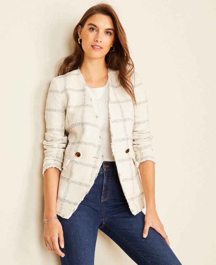 Windowpane Tweed Double Breasted Blazer