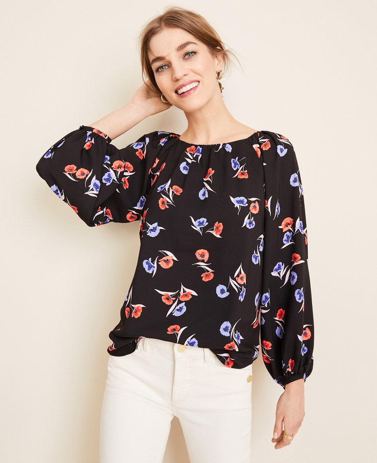 Multicolored Poppy Shirred Neck Blouse