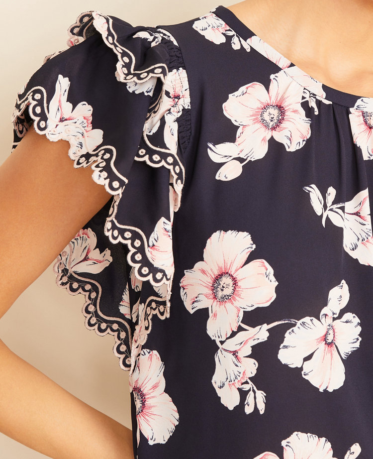 Floral Embroidered Ruffle Sleeve Tee