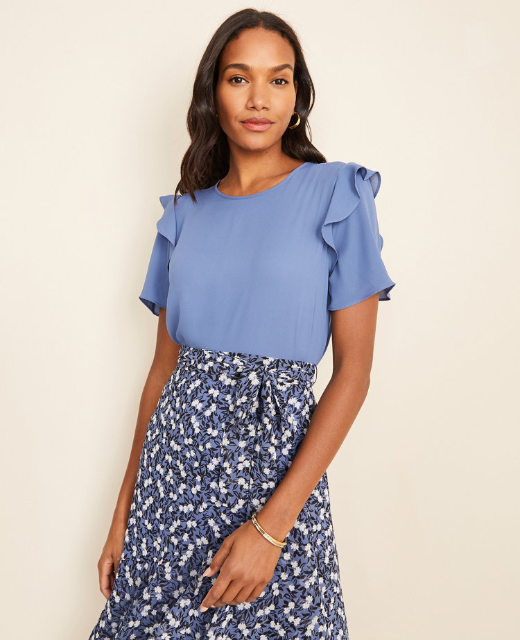 Petite Ruffle Shoulder Mixed Media Tee