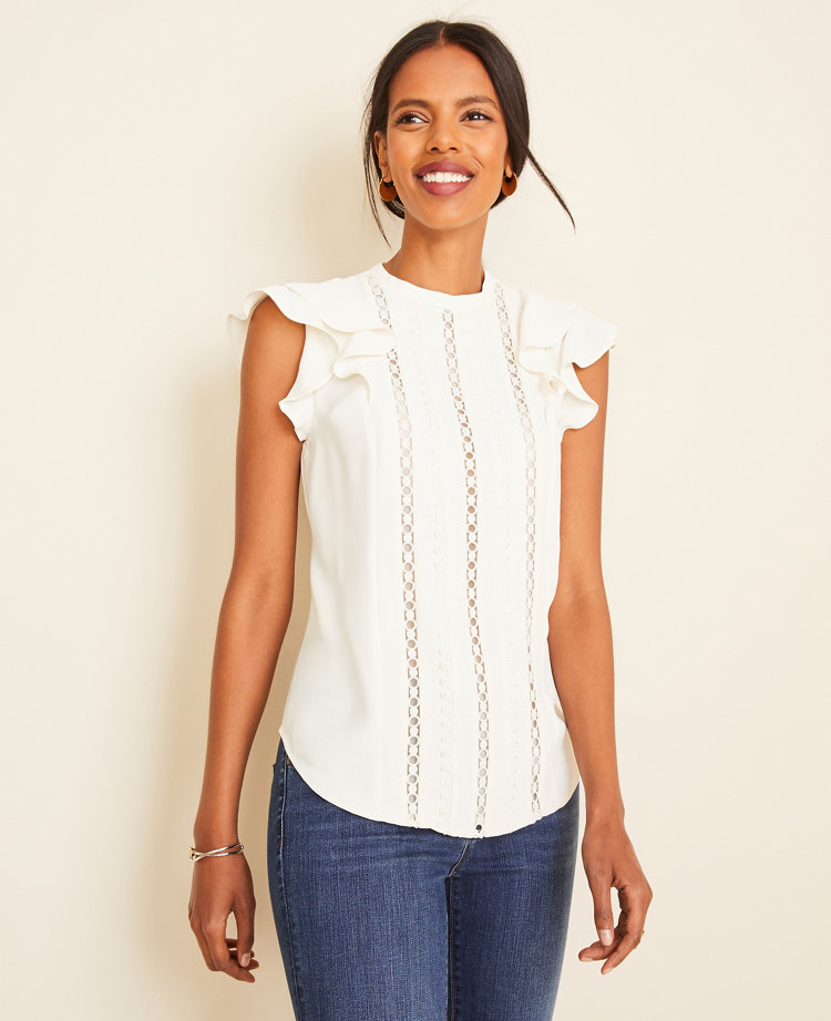 Circle Lace Trim Mock Neck Shell