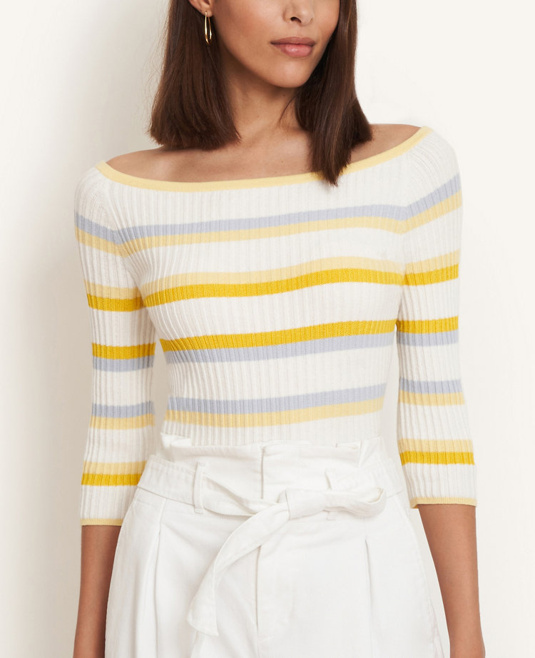 Stripe Ribbed Off The Shoulder Sweater