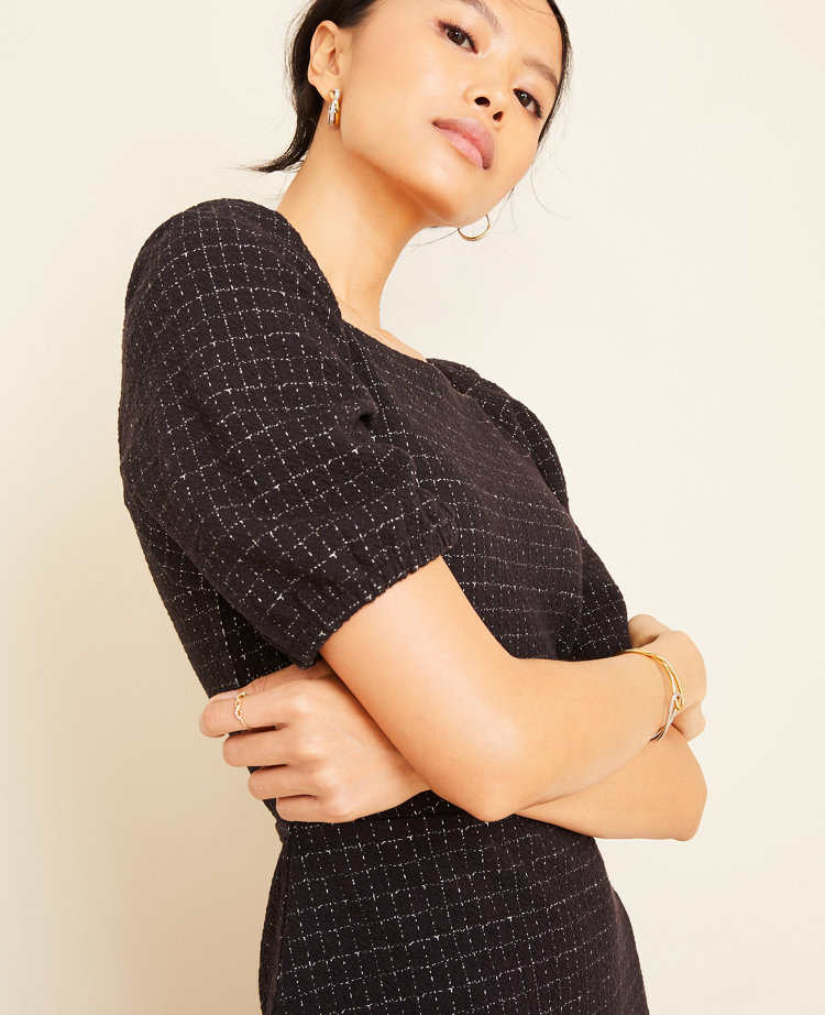 Textured Grid Puff Sleeve Sheath Dress