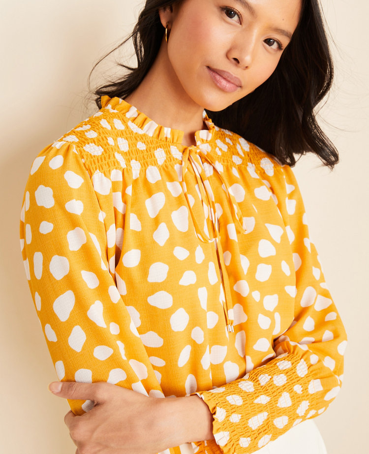 Leopard Print Smocked Tie Neck Popover