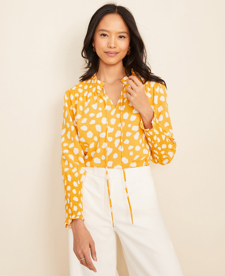 Petite Leopard Print Smocked Tie Neck Popover