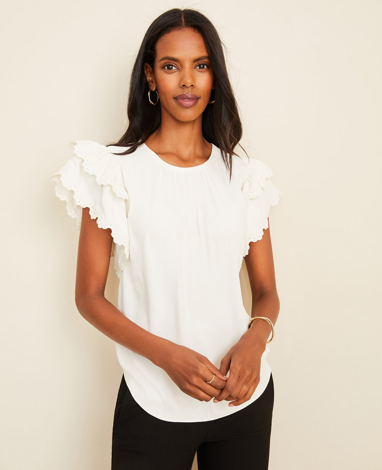 Petite Embroidered Ruffle Sleeve Tee