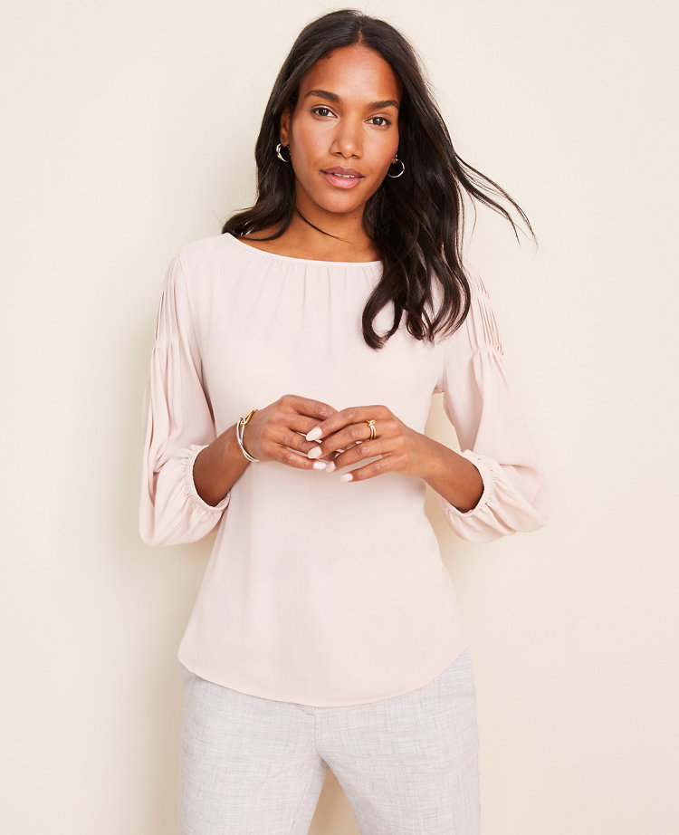 Petite Pintucked Sleeve Mixed Media Top