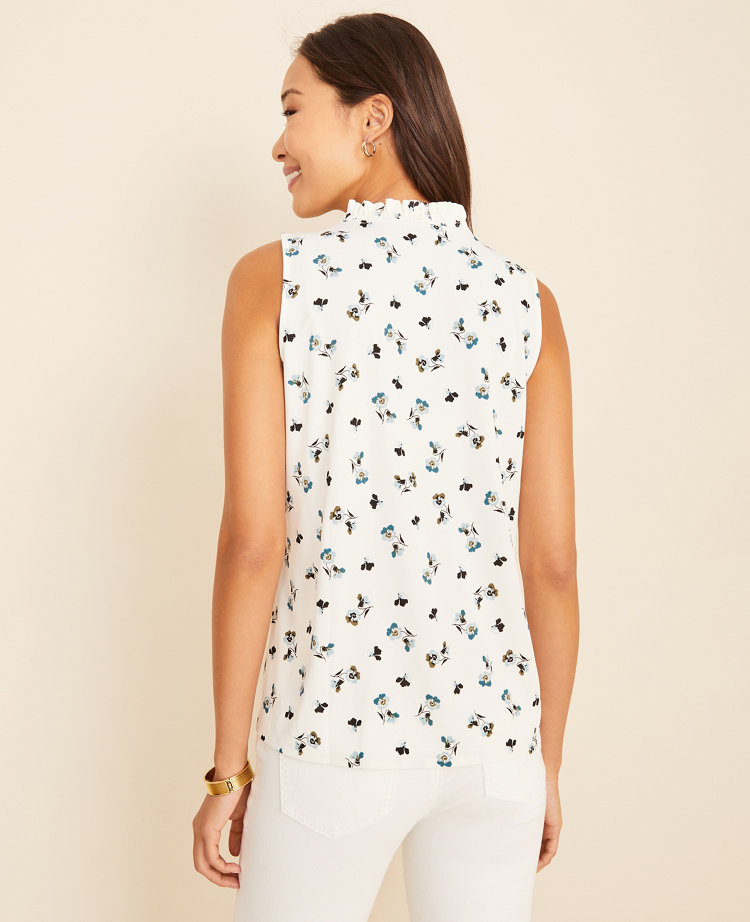 Petite Floral Ruffle Neck Mixed Media Shell