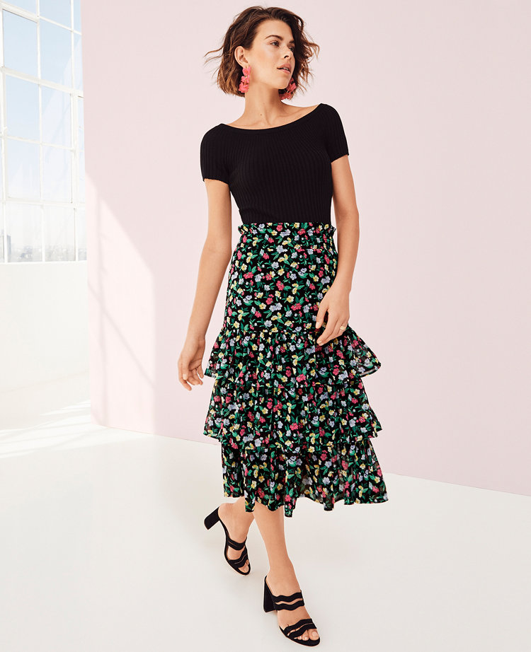 Petite Floral Tiered Ruffle Skirt