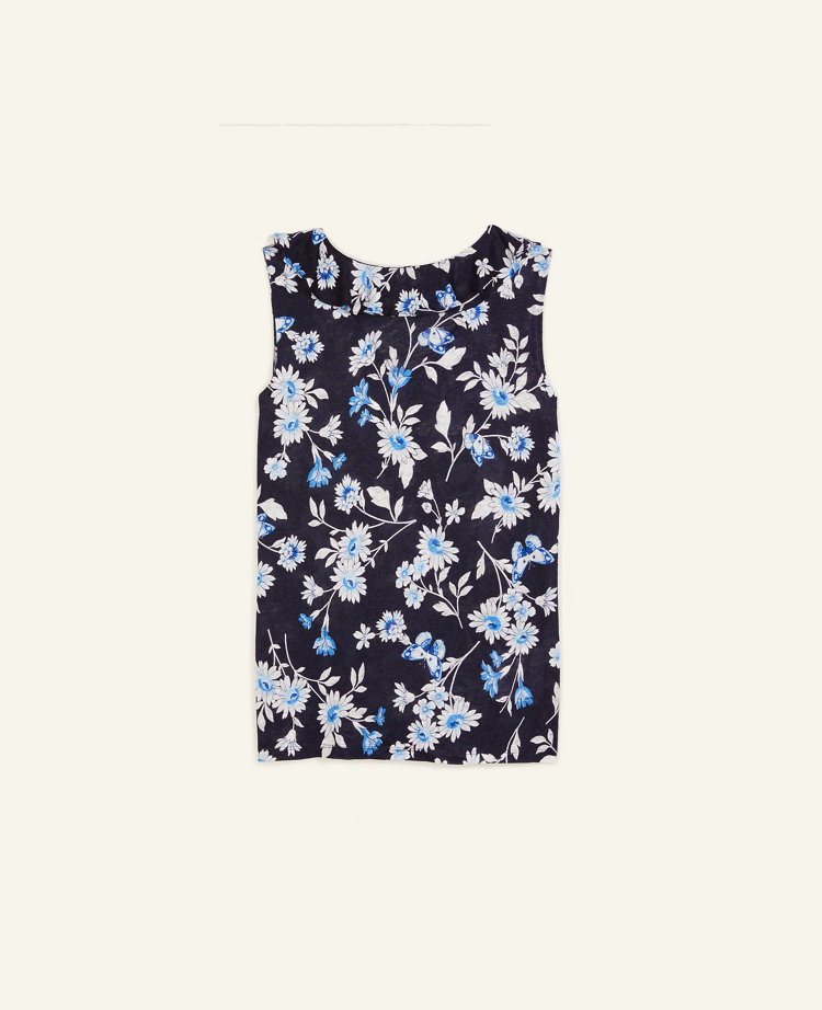 Floral Linen Ruffle Neck Shell