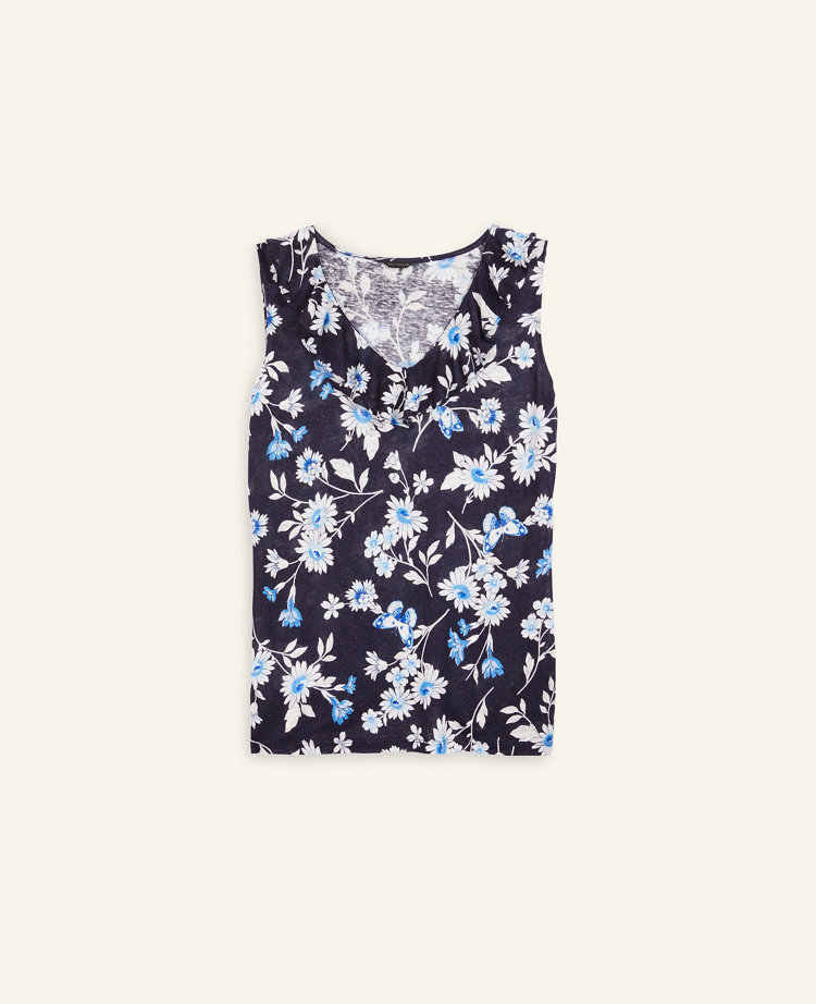 Floral Linen Ruffle Neck Shell