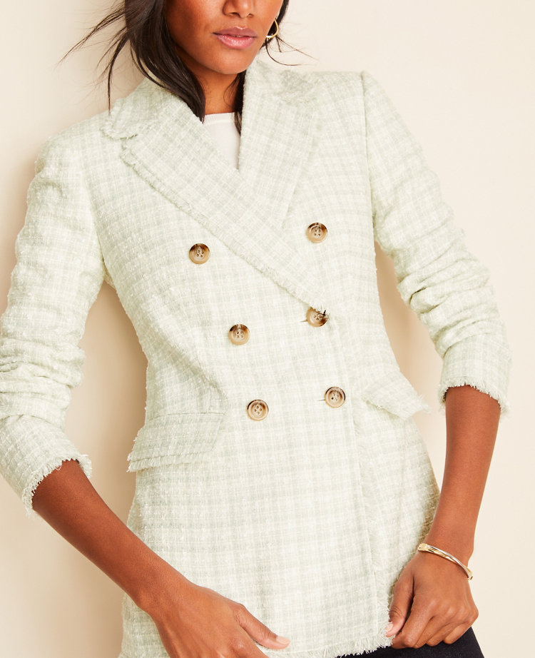 Petite Fringe Tweed Double Breasted Jacket