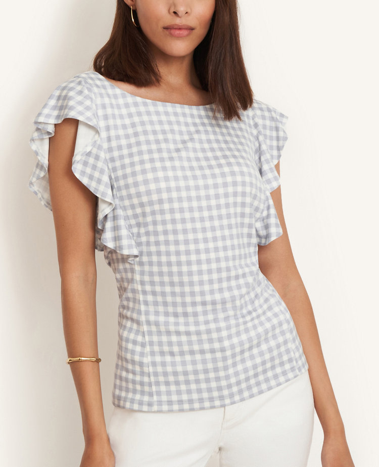 Petite Gingham Ruffle Sleeve Shell