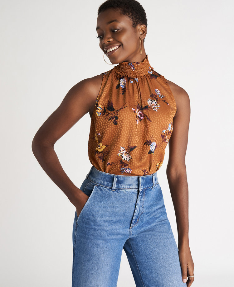 Floral Smocked Neck Shell