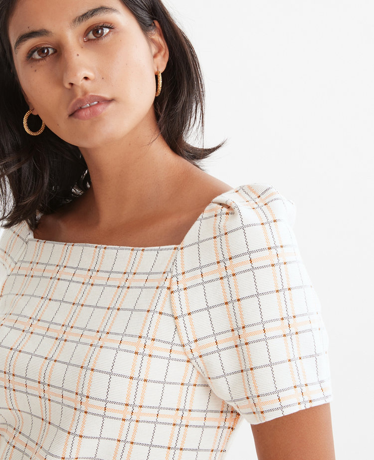 Checked Square Neck Puff Sleeve Top