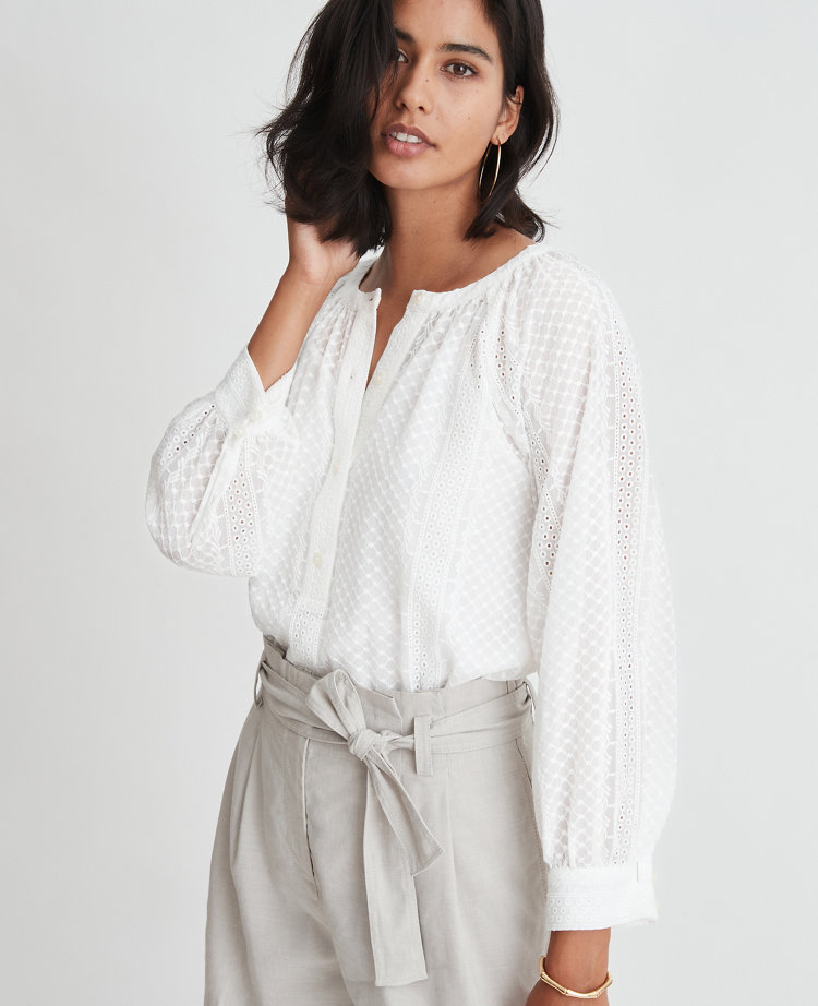 Petite Embroidered Button Blouse
