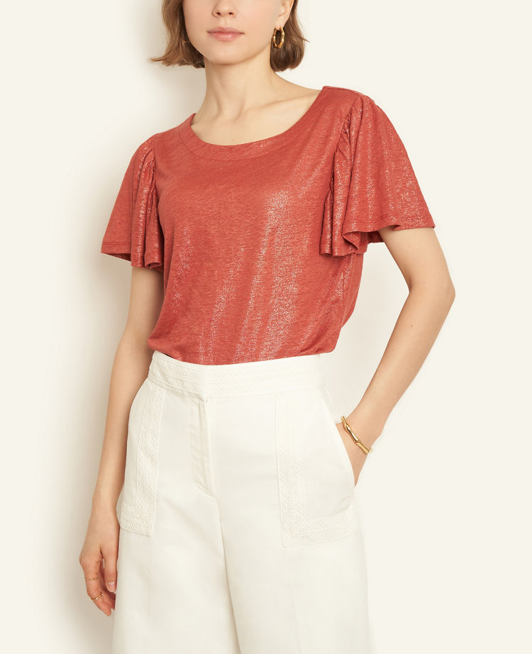 Petite Shimmer Linen Flutter Sleeve Tee