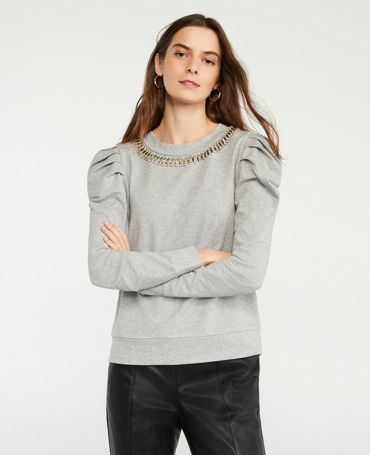 Embellished Puff Sleeve Sweatshirt