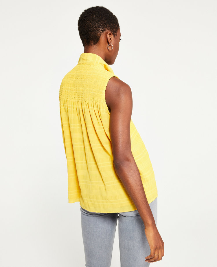 Smocked Yoke Tie Neck Shell