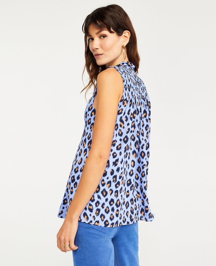 Animal Print Smocked Yoke Tie Neck Shell