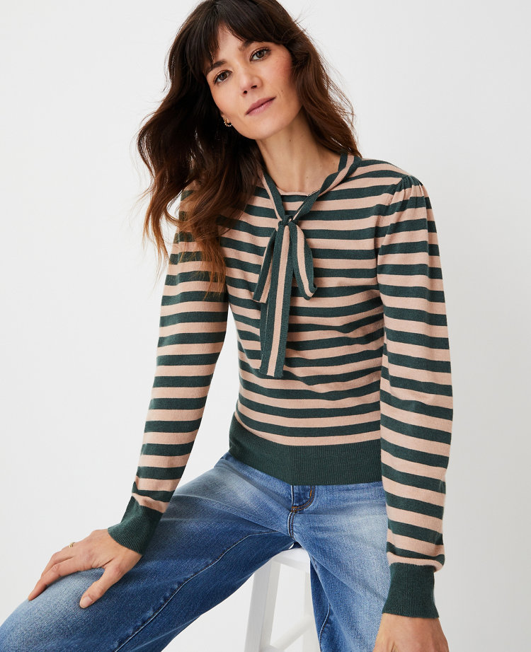 Striped Tie Neck Puff Sleeve Sweater