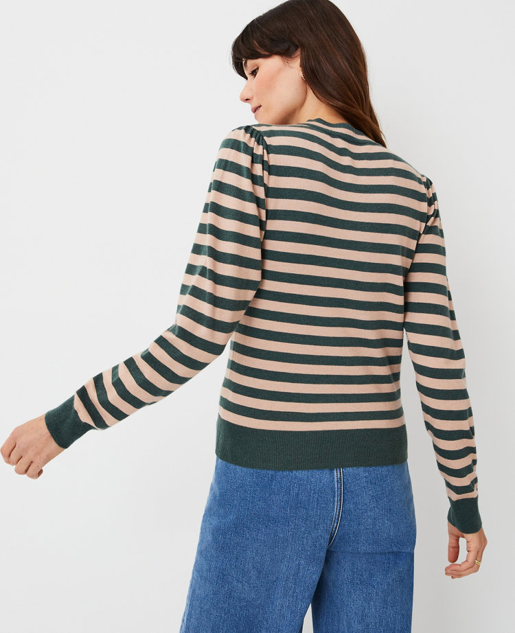 Striped Tie Neck Puff Sleeve Sweater