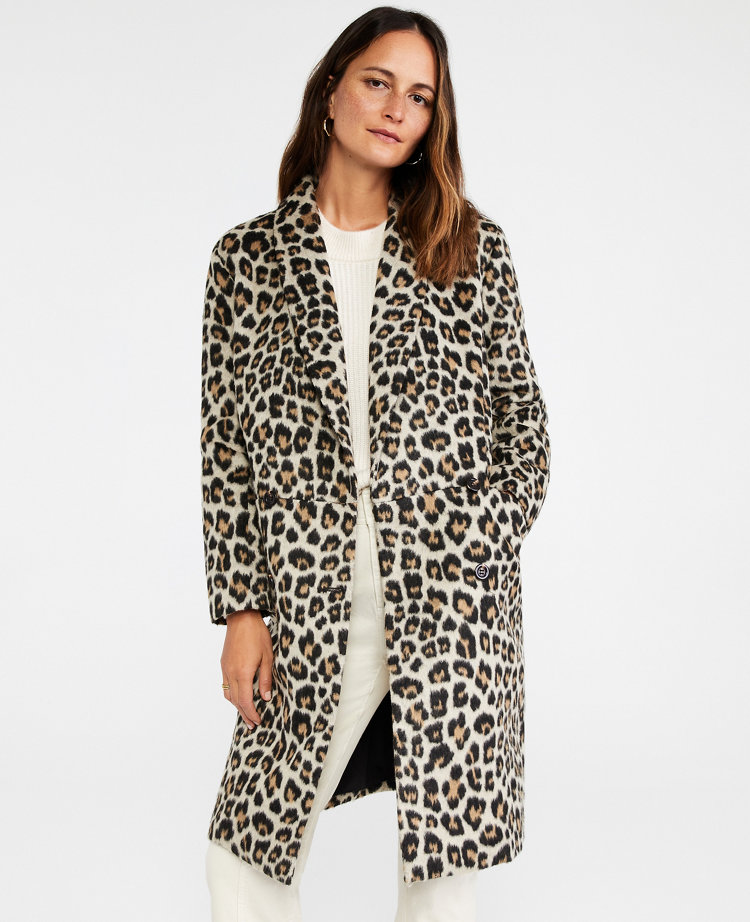 Petite Brushed Leopard Print Shawl Collar Cocoon Coat