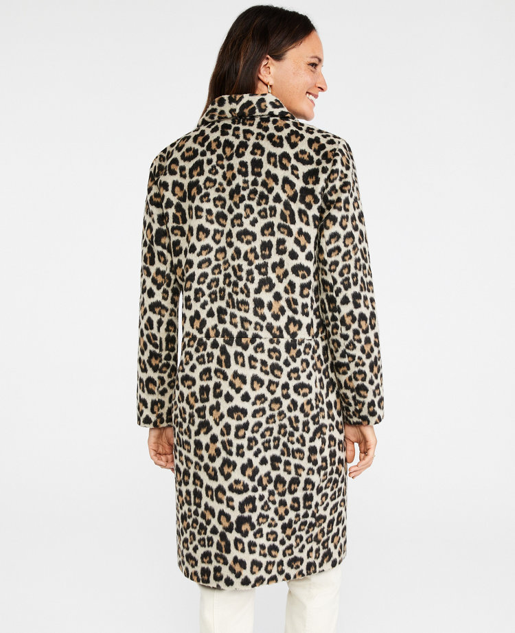 Petite Brushed Leopard Print Shawl Collar Cocoon Coat