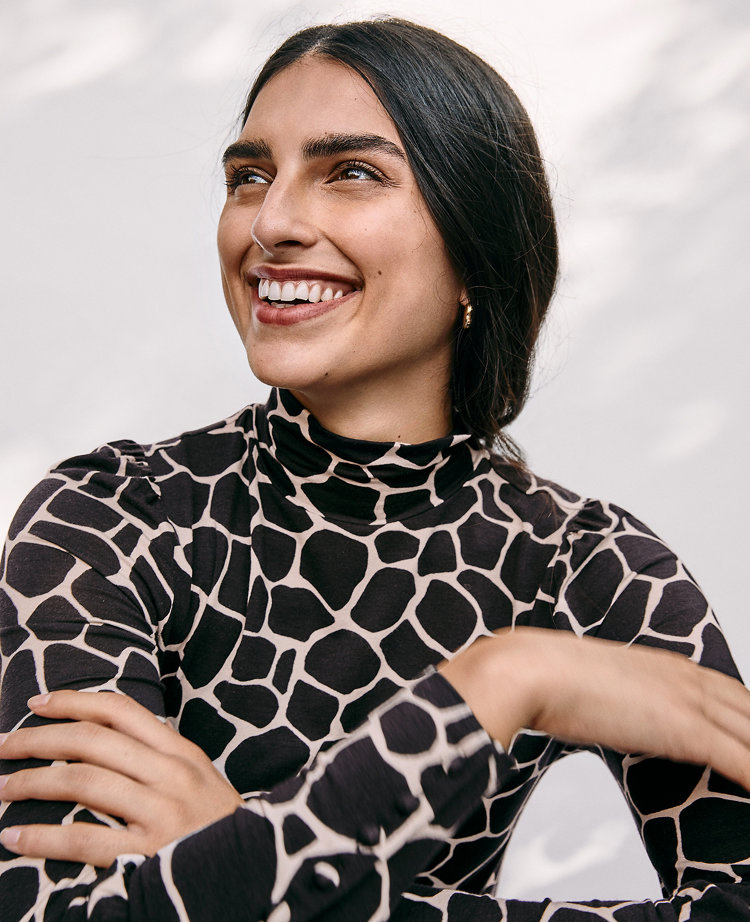 Animal Print Button Cuff Turtleneck Top
