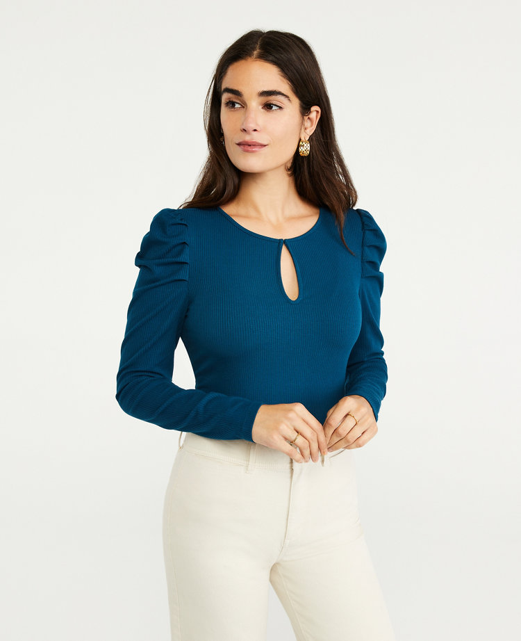 Petite Puff Shoulder Ribbed Keyhole Top