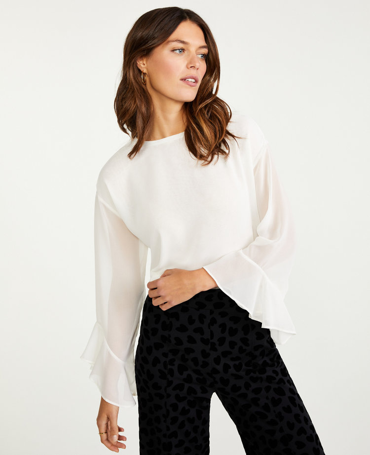 Petite Mixed Media Ruffle Sleeve Top