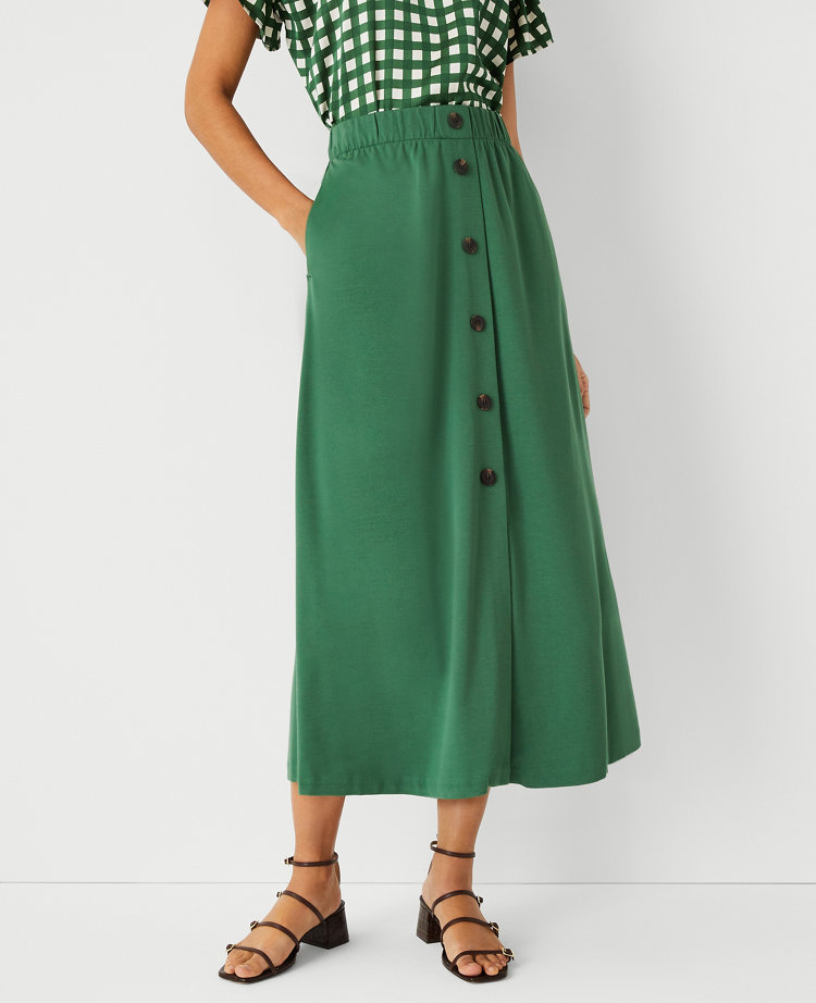 Pull On Button Front Midi Skirt