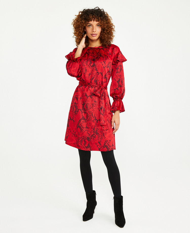 Petite Python Print Tie Waist Flare Dress