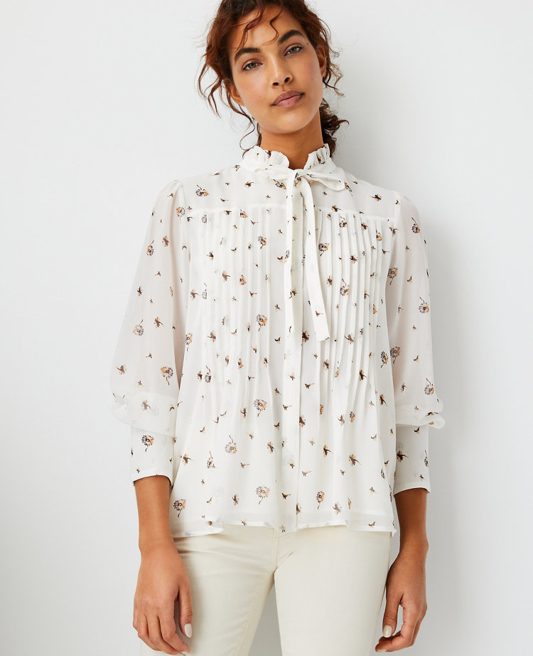 Floral Pintucked Tie Neck Blouse