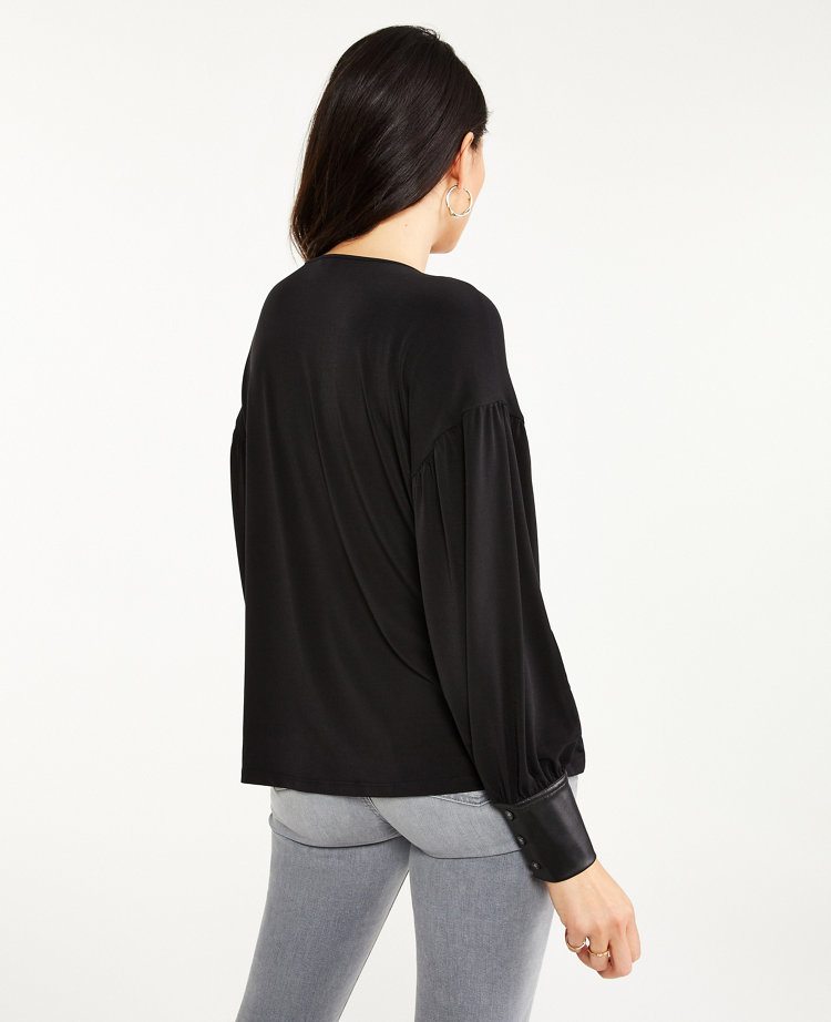 Petite Faux Leather Cuff Curved Yoke Top