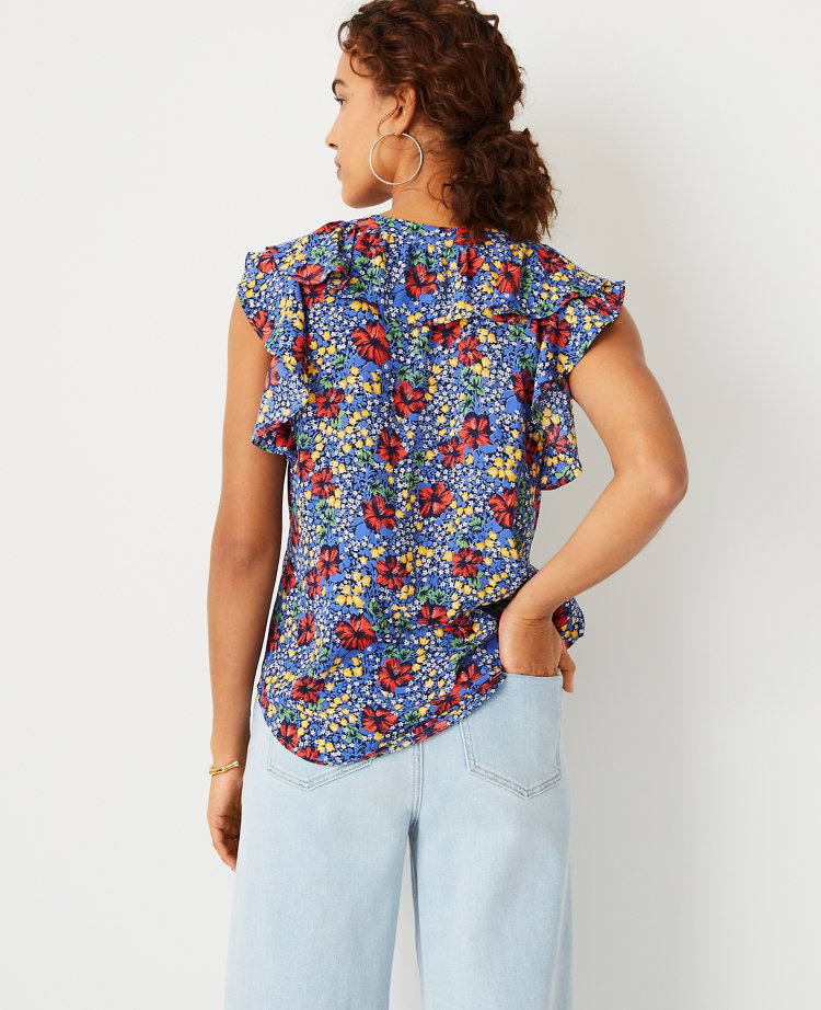 Floral Ruffle V-Neck Shell