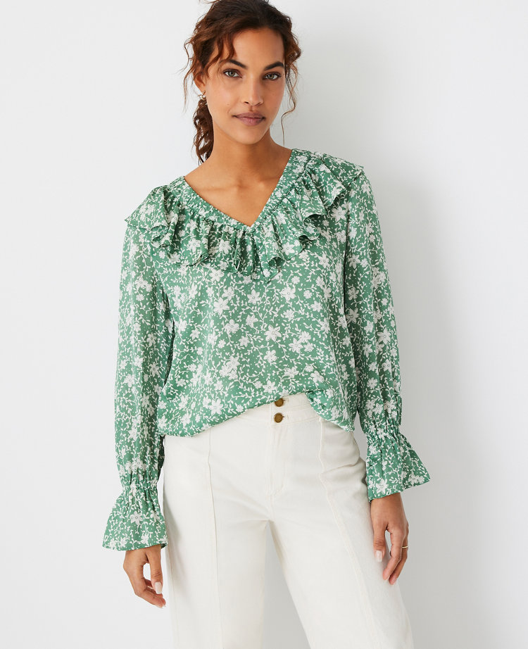 Floral Smocked Ruffle V-Neck Top