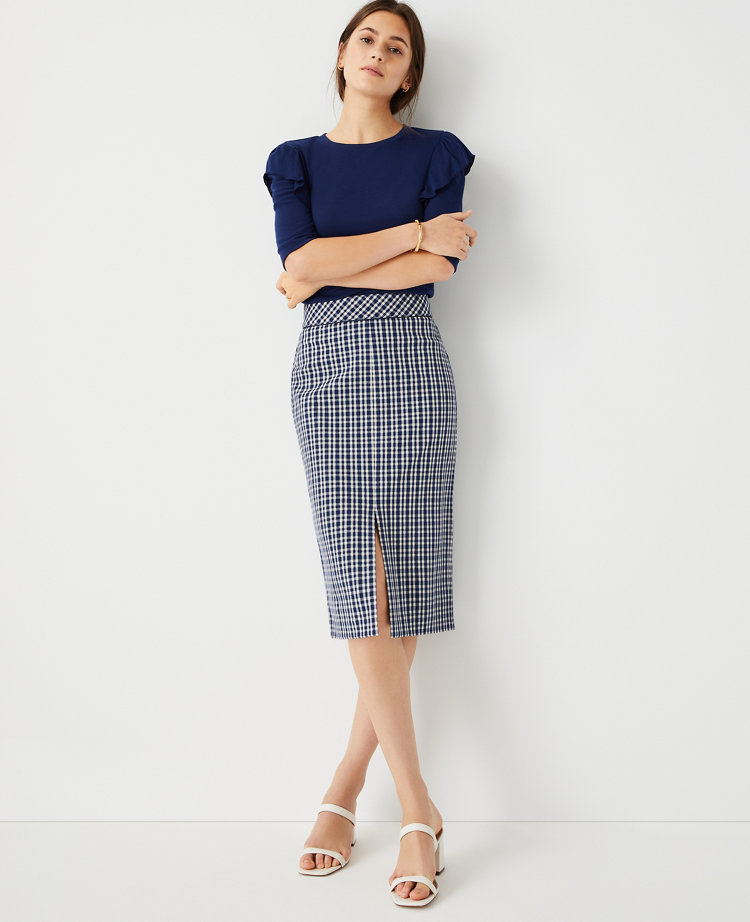 Gingham Piped Front Slit Pencil Skirt