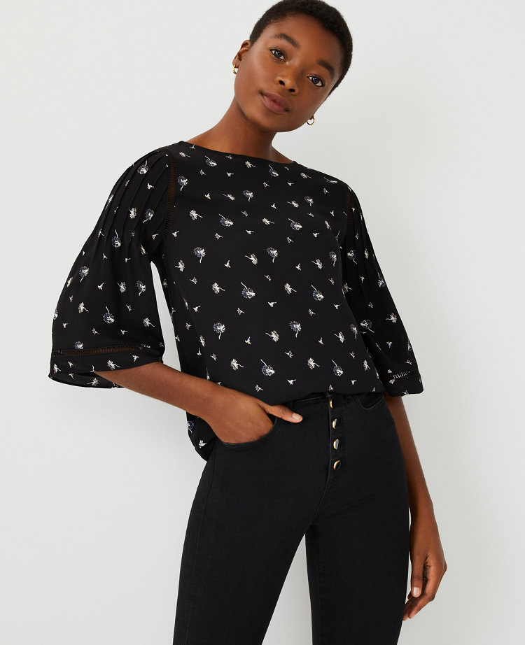 Petite Floral Mixed Media Flare Sleeve Top