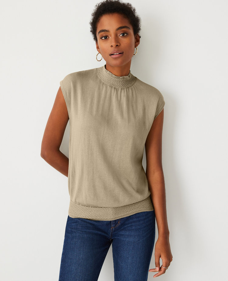 Petite Smocked Mock Neck Shell