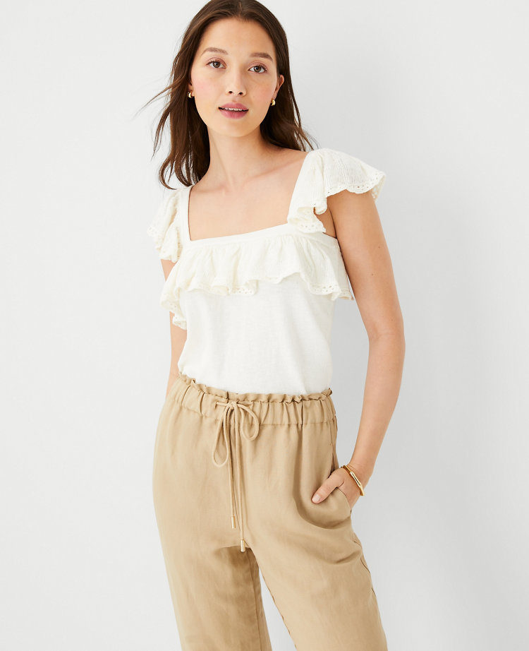 Linen Blend Ruffle Shell