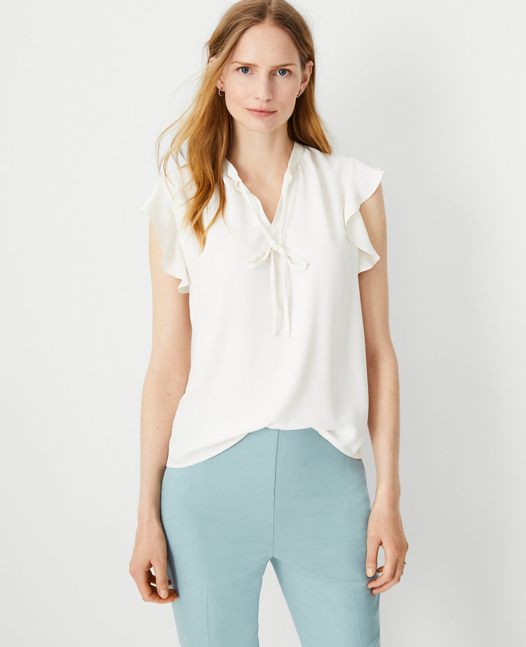 Mixed Media Ruffle Sleeve Tie Neck Shell