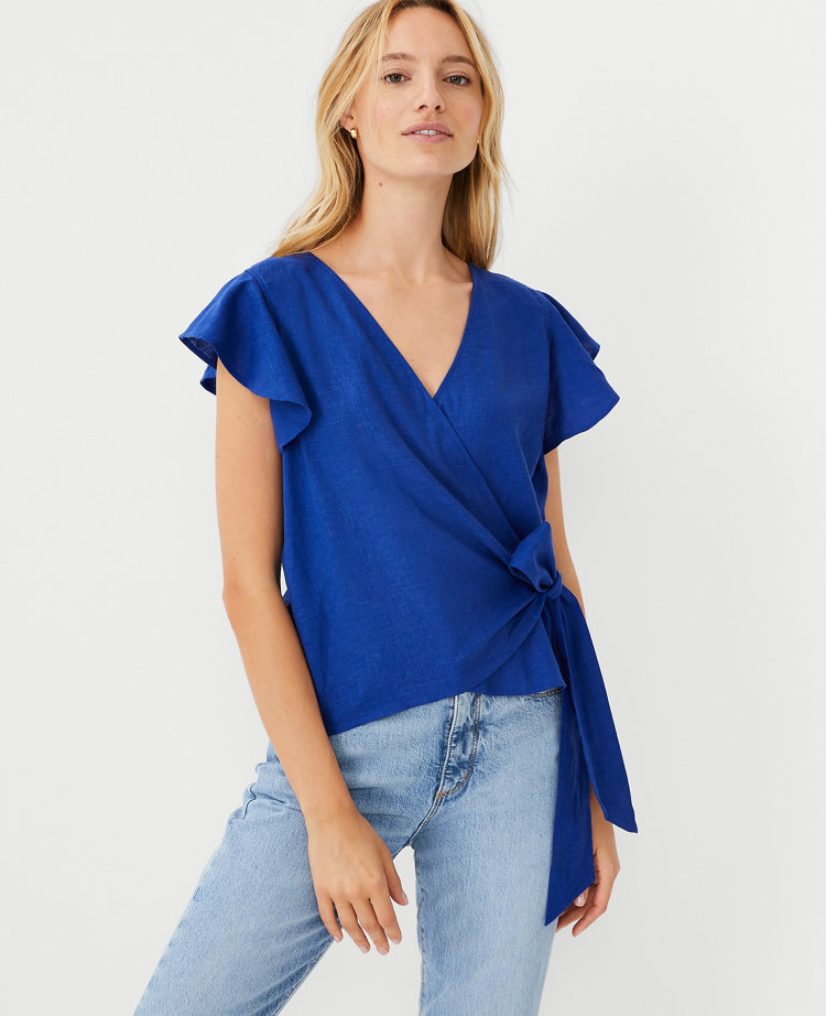 Linen Blend Ruffle Wrap Top