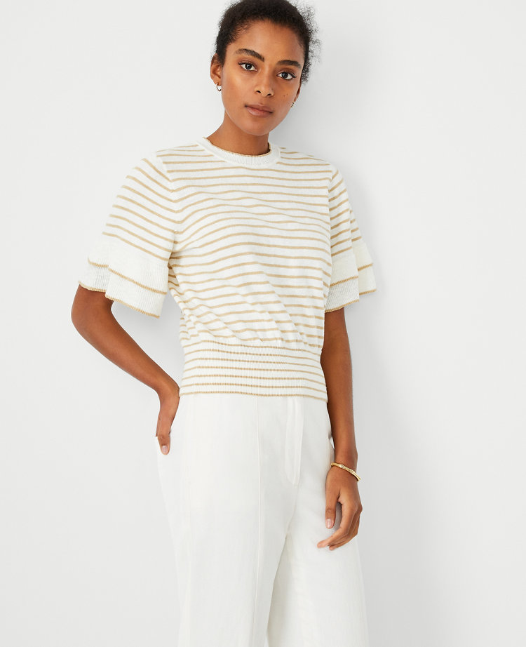 Striped Linen Blend Ruffle Sleeve Tee