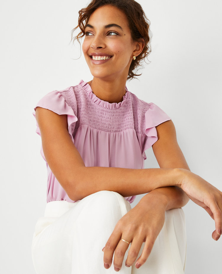 Mixed Media Ruffle Smocked Shell