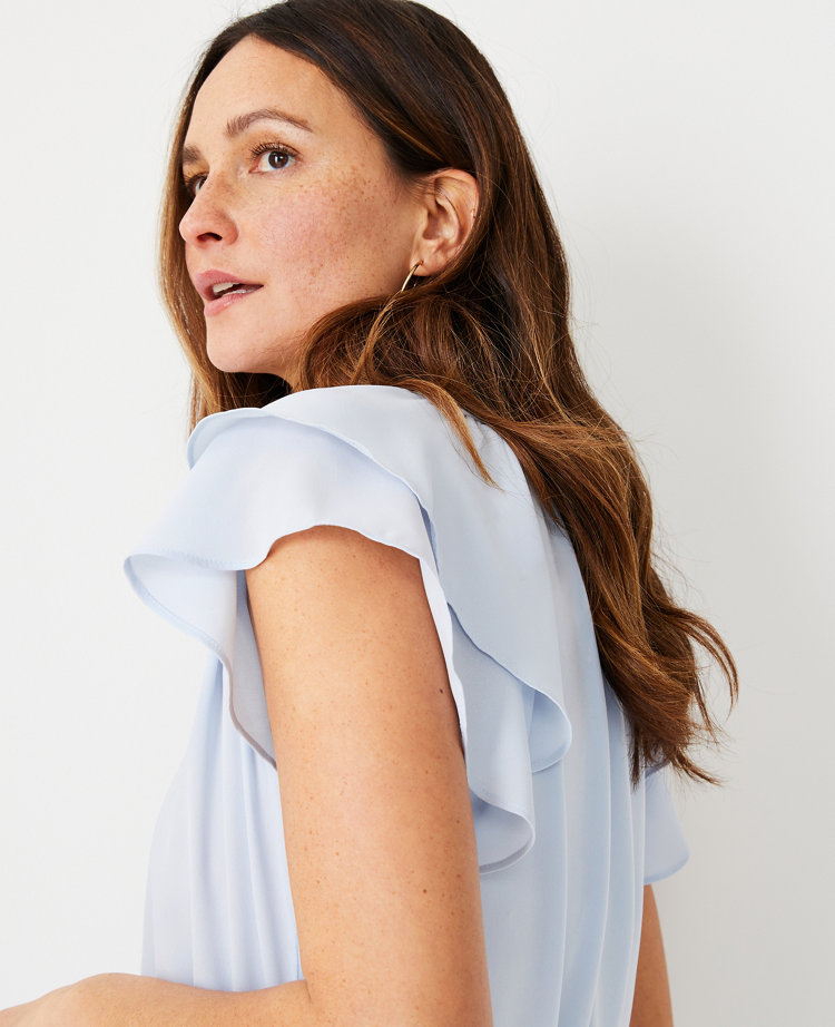 Mixed Media Tie Neck Ruffle Sleeve Top