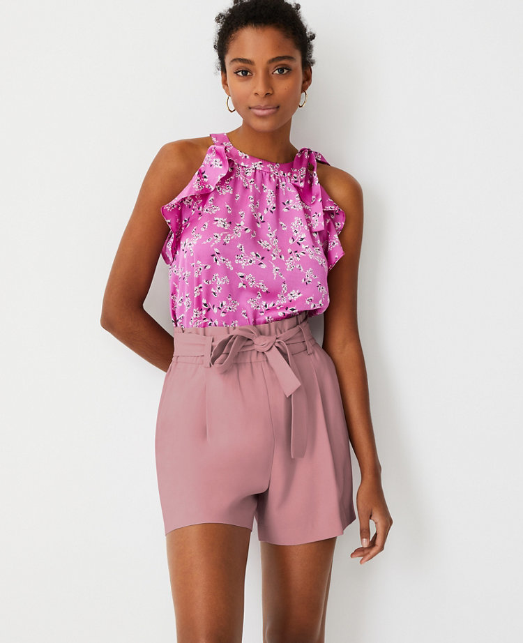 Floral Ruffle Tie Neck Shell