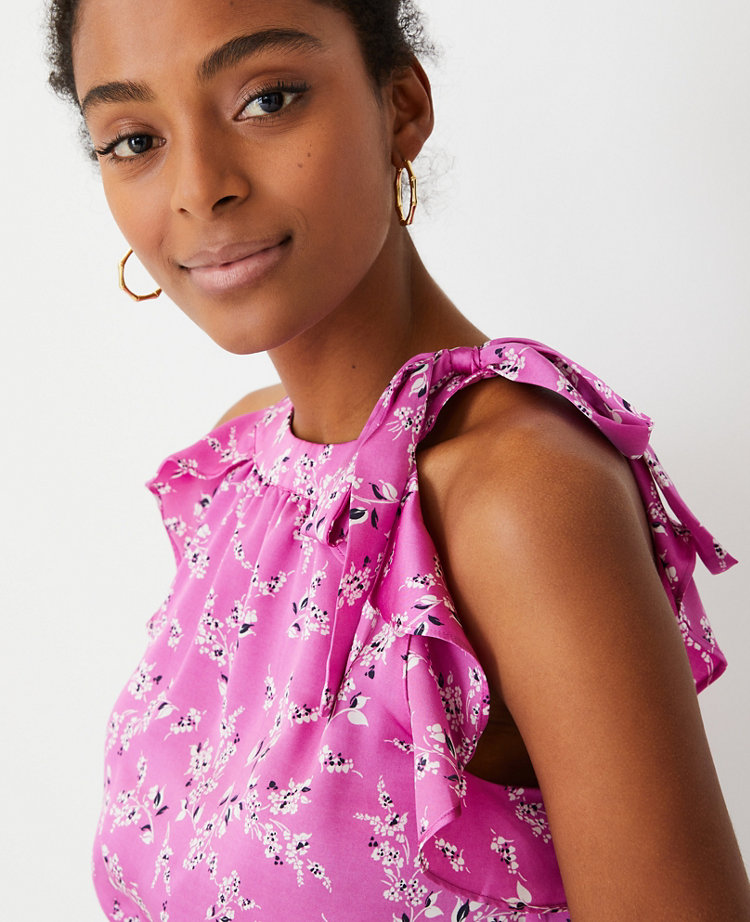 Floral Ruffle Tie Neck Shell