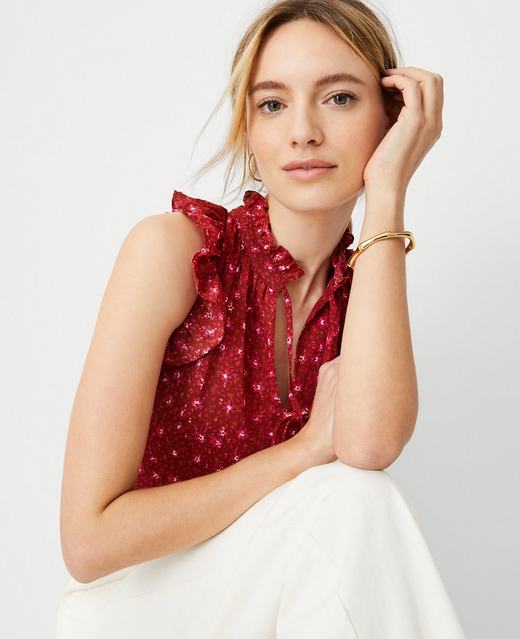 Floral Ruffle Tie Split Neck Shell